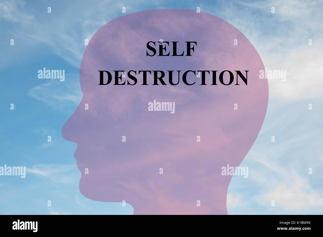 Render illustration of Self Destruction title on head silhouette, with ...