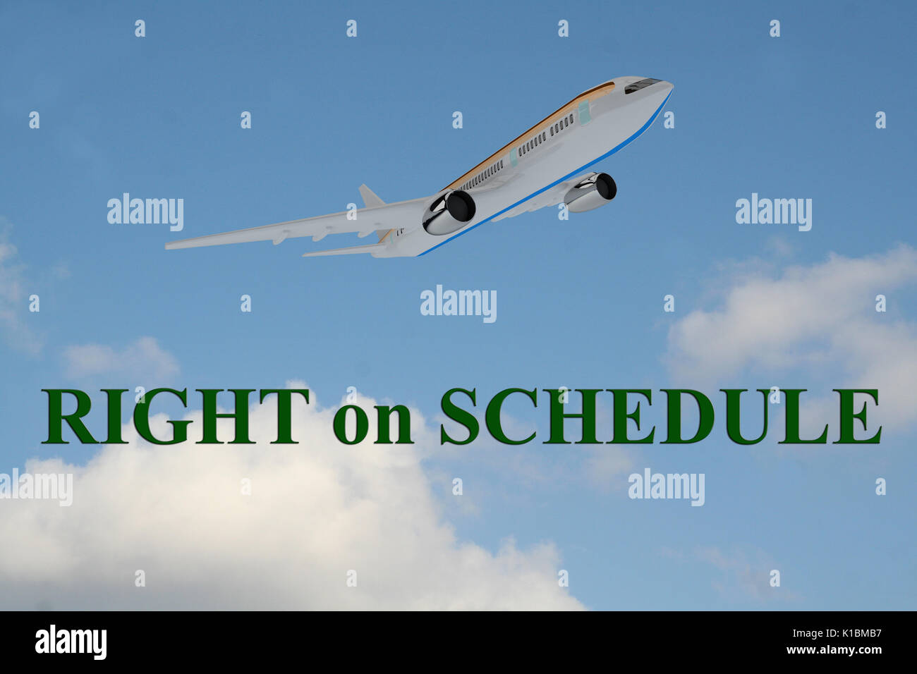 Render illustration of Right on Schedule title on cloudy sky as a ...