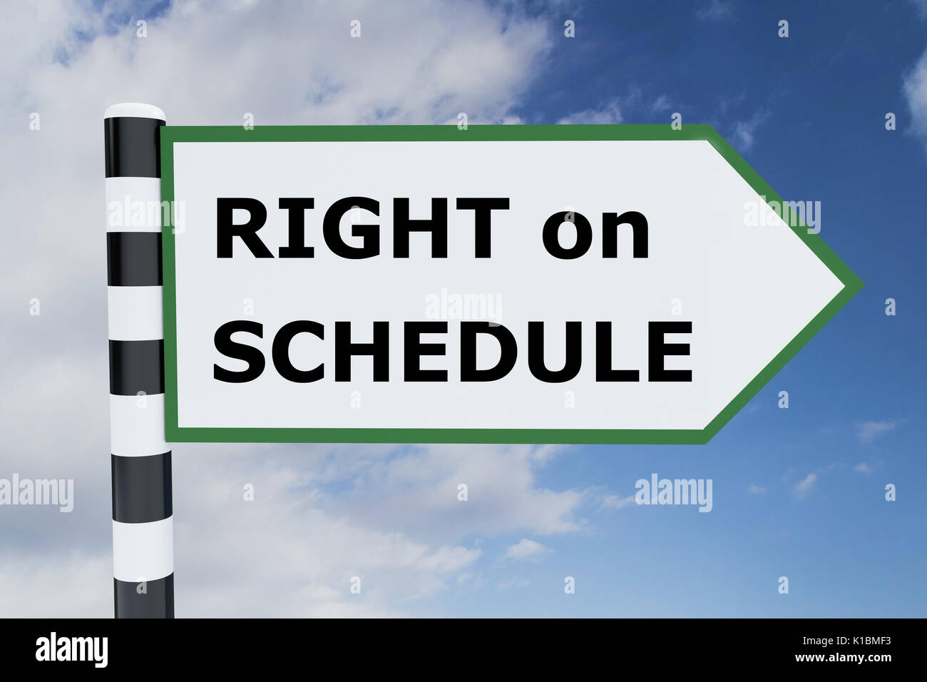 Render illustration of Right on Schedule title on road sign Stock Photo ...