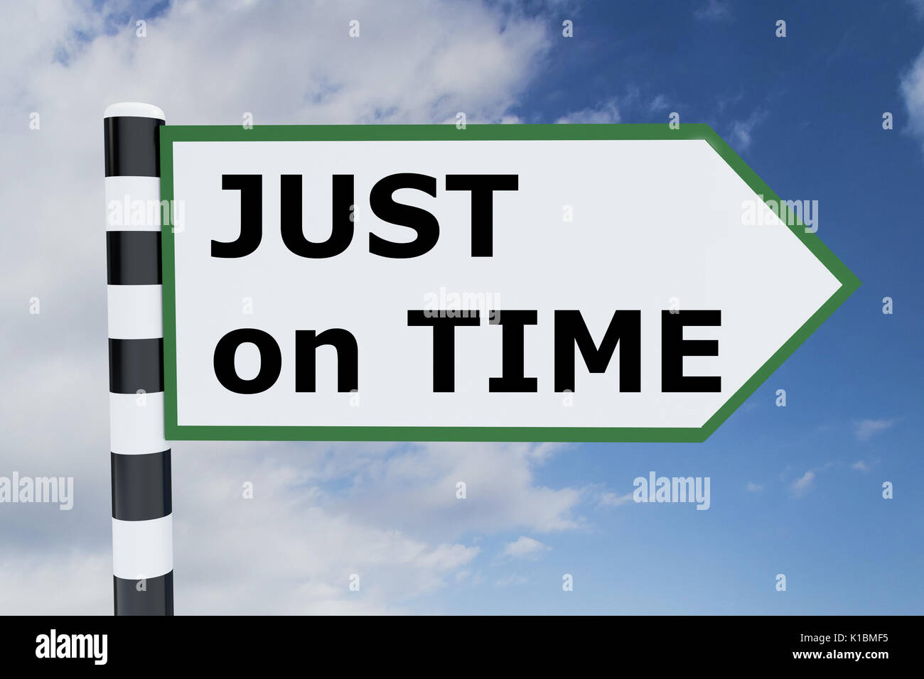 Render illustration of Just on Time title on road sign Stock Photo - Alamy