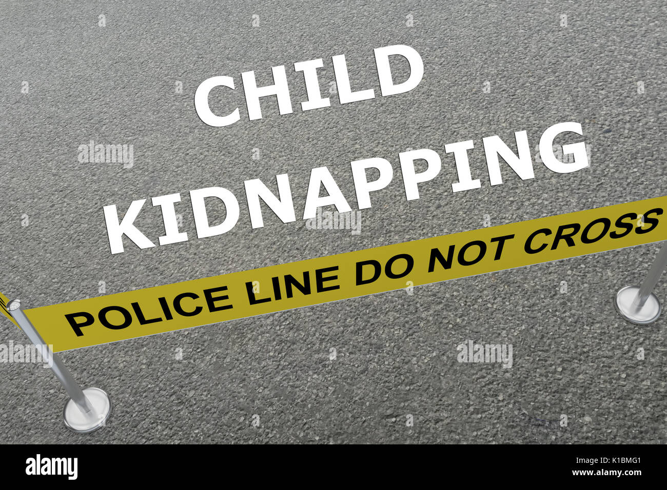 Render illustration of Child Kidnapping title on the ground in a police ...