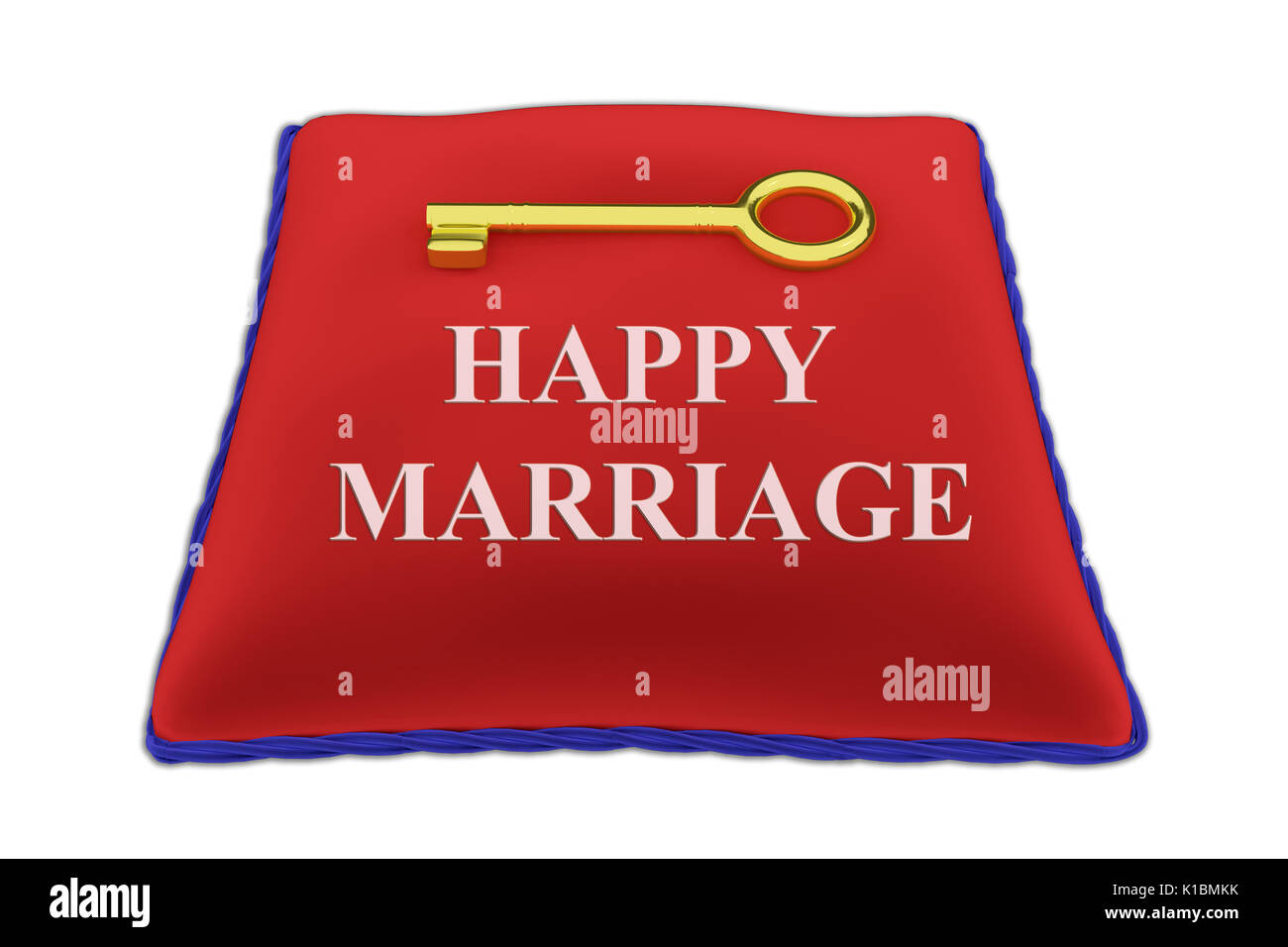 Render illustration of Happy Marriage Title on red velvet pillow vear a ...
