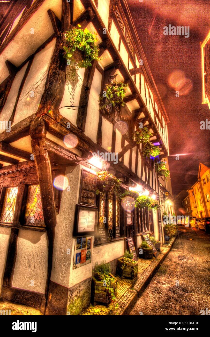 Town of Dartmouth, England. Picturesque night view of the Cherub public ...