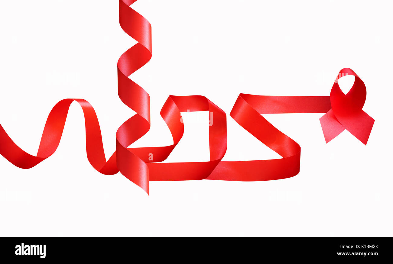 AIDS word and letter in red ribbon on white isolated on white ...