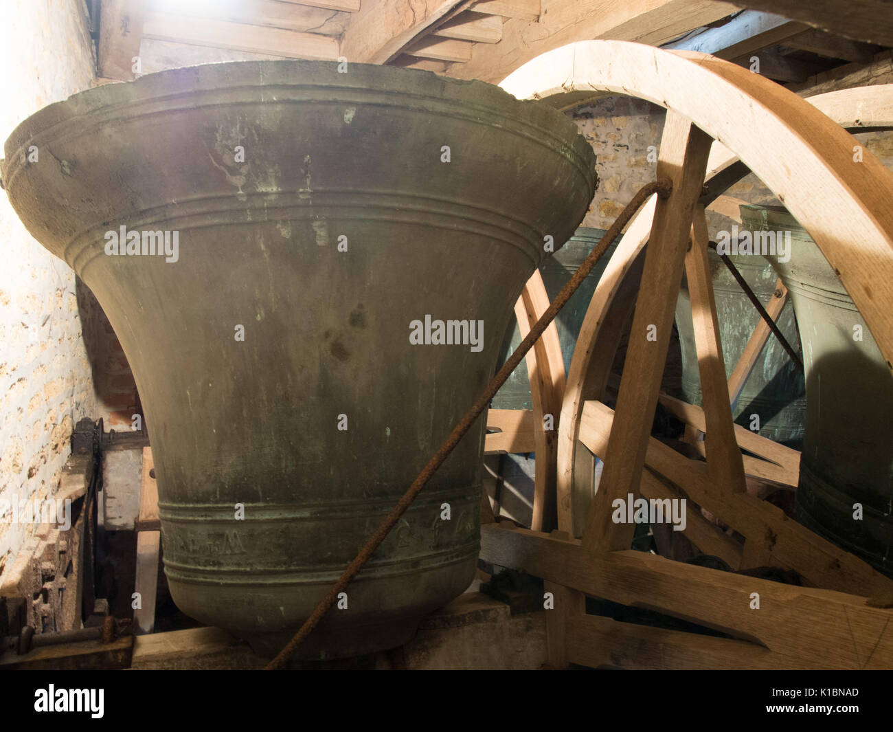 Horningsham church, Wiltshire, the bells in the 'Up' position, ready to ...