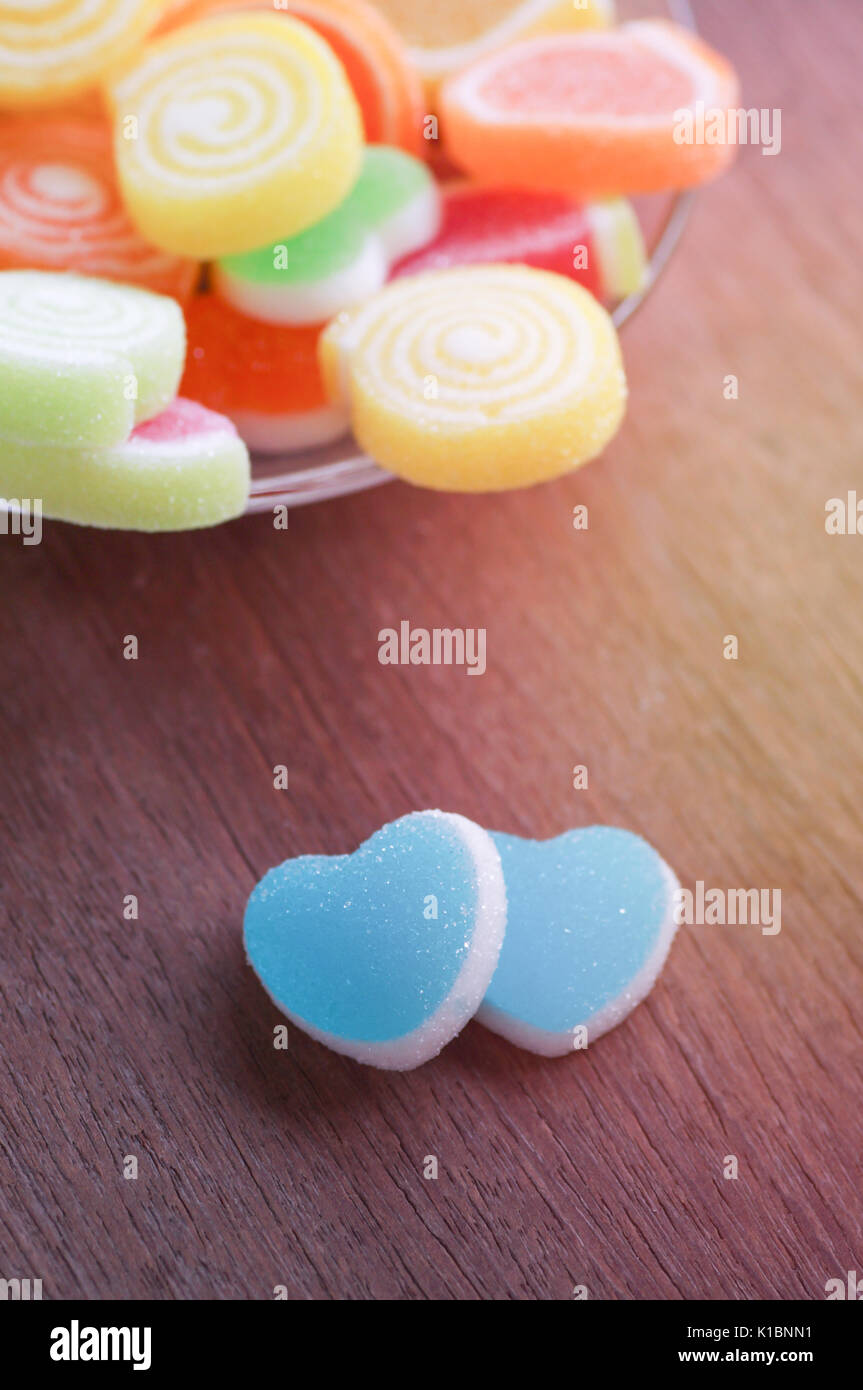 Jelly sweet candy, flavor fruit, dessert colorful, focus at heart shape ...