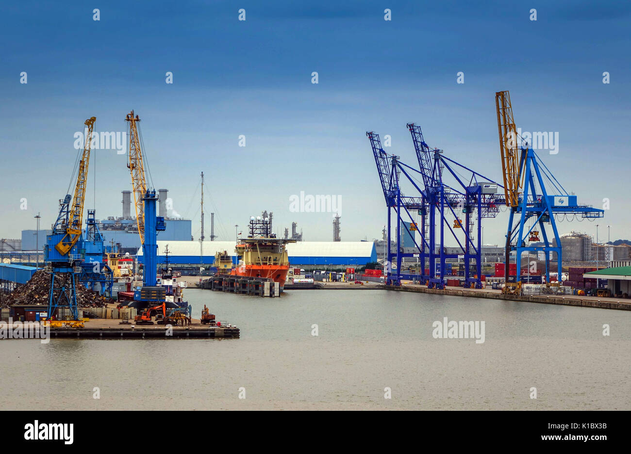 Blue cranes, red and yellow boat, Hull Docks, Hull, East Yorkshire ...