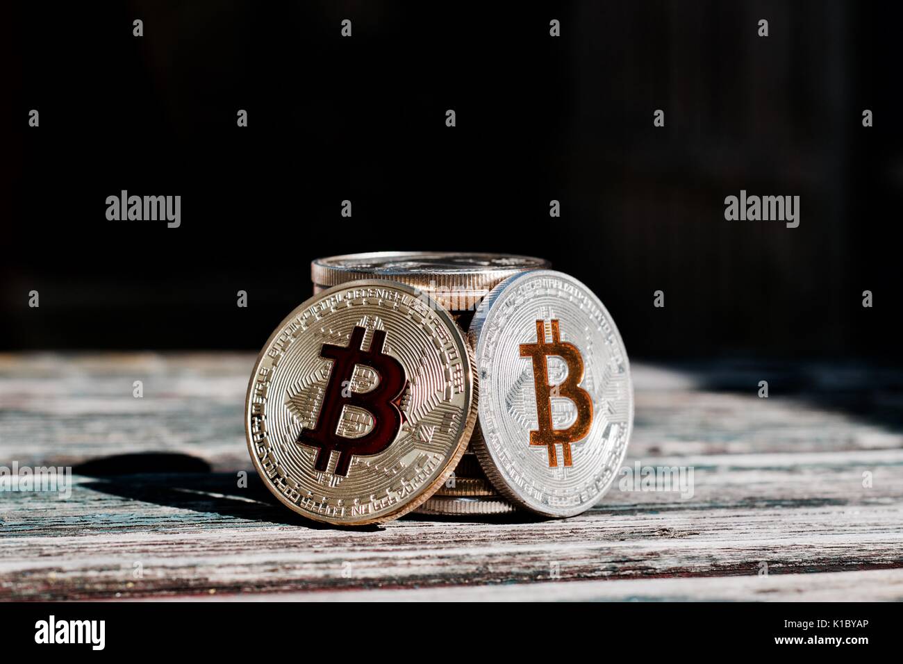 Digital currency physical gold red bitcoin coin. Outdoor money concept ...