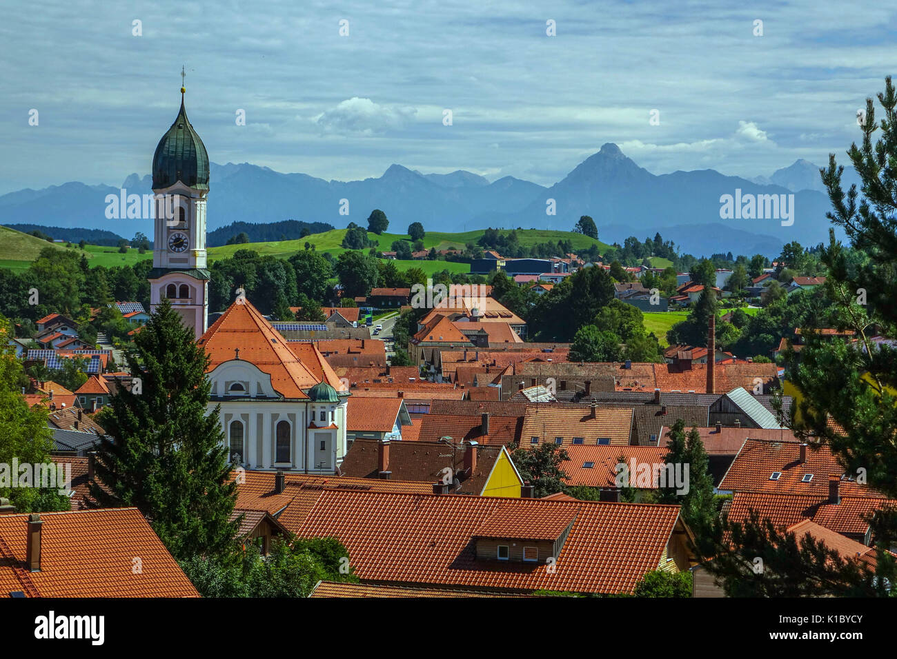 Church and roofs of market town of Nesselwang In the Allgäu, Bavaria In ...