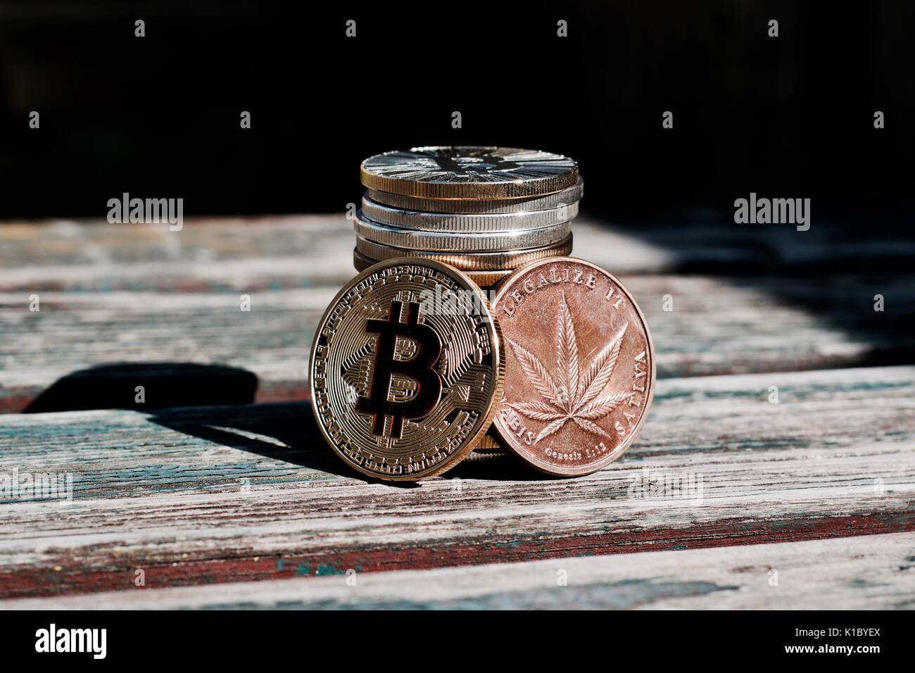 Digital currency physical gold red bitcoin coin. Outdoor money concept ...