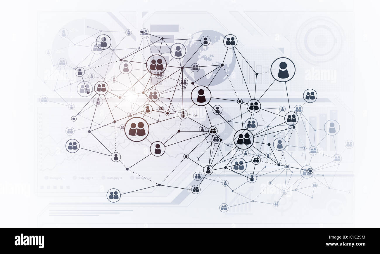 Background image with social connection and networking concept on white ...