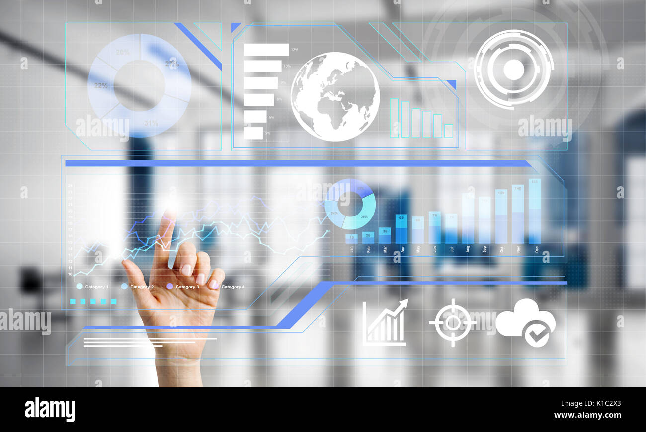 Hand of woman working with media interface on screen and office ...
