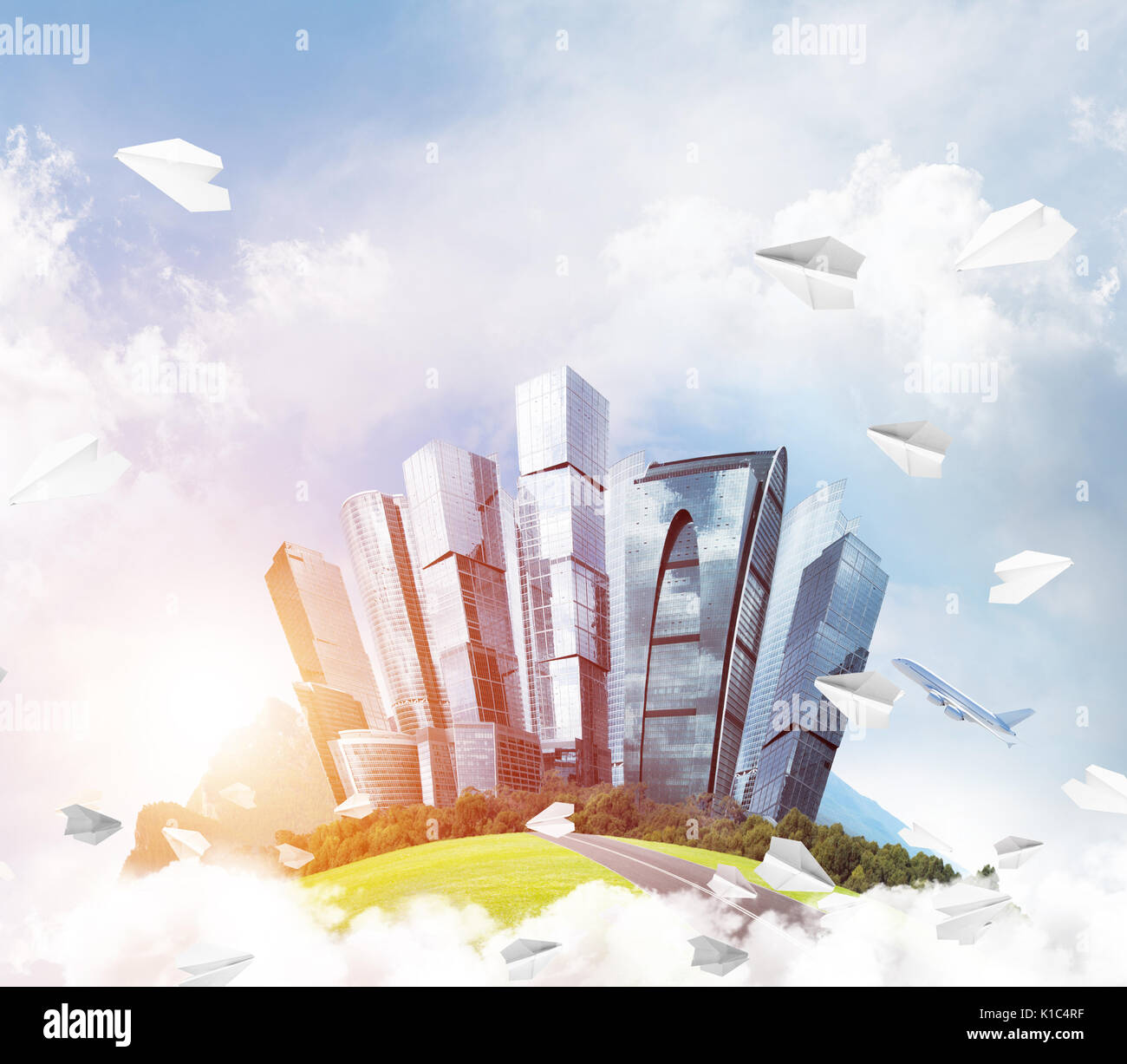 Modern cityscape with buildings and skyscrapers floating on clouds in ...