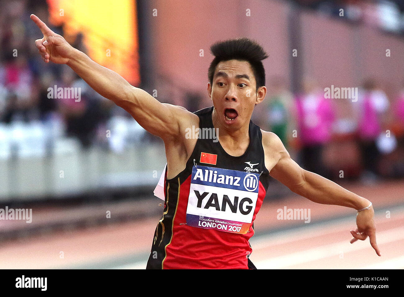 Yifei YANG of China celebrates gold in the Men's 100 m T36 Final at the ...