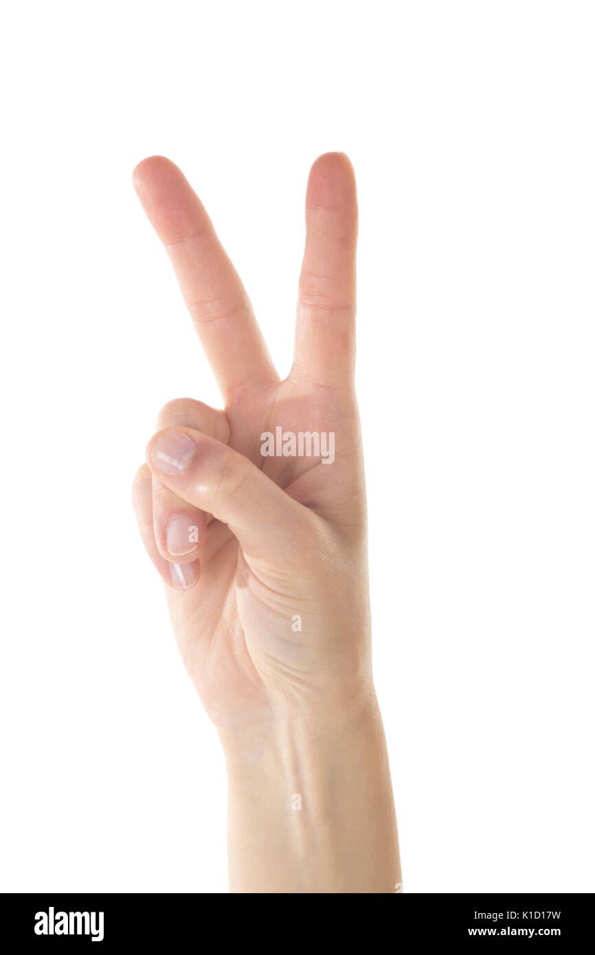 A gentle female hand is making number two sign with her right hand on ...