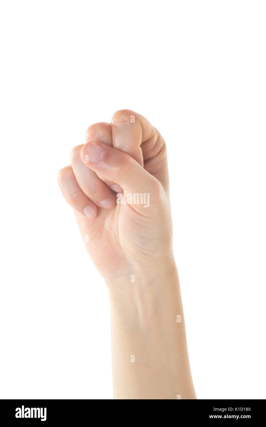 A gentle female hand is making zero or stop sign with her right hand on ...