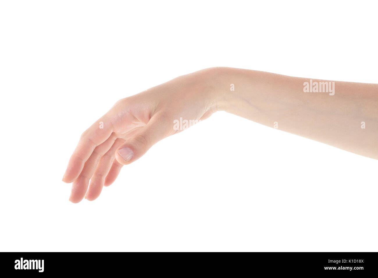 A gentle female hand is reaching with her right hand on isolated white ...