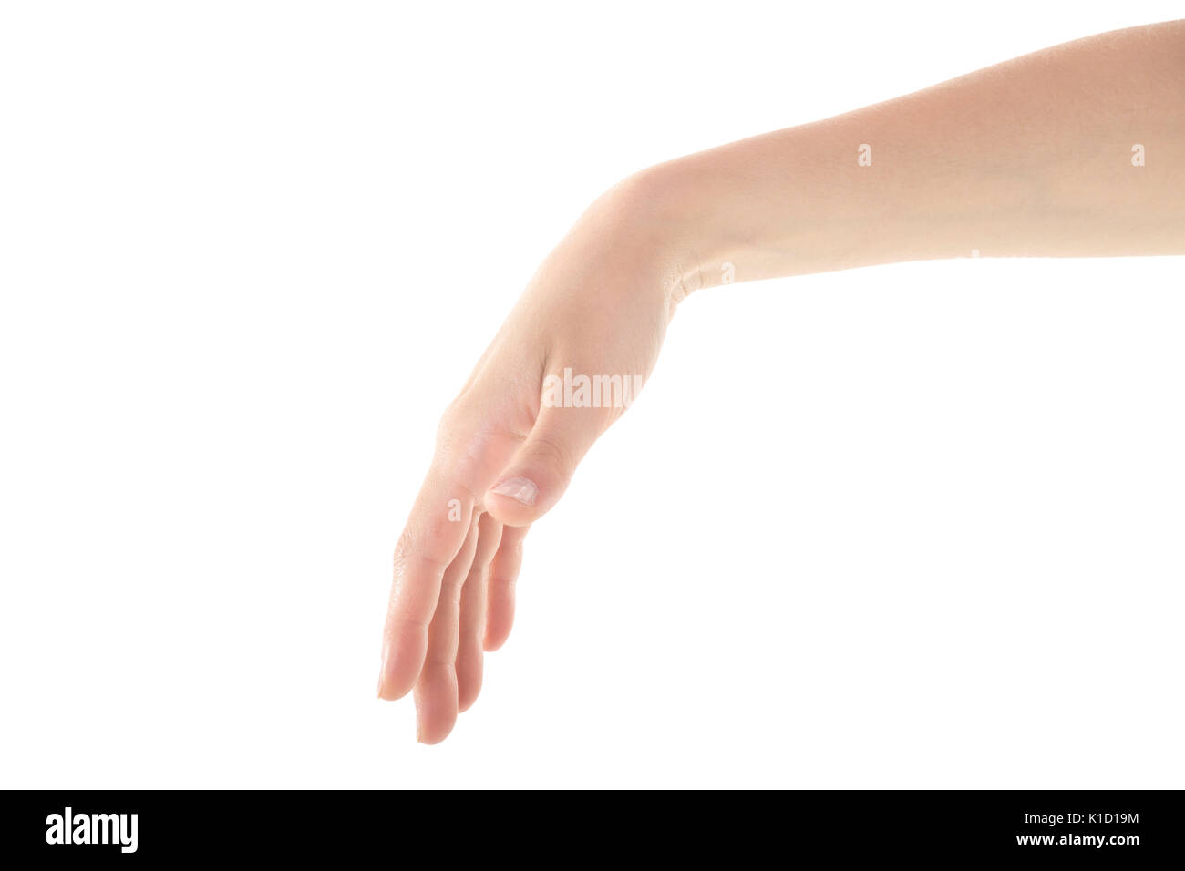 A gentle female hand is reaching gently with her right hand on isolated ...