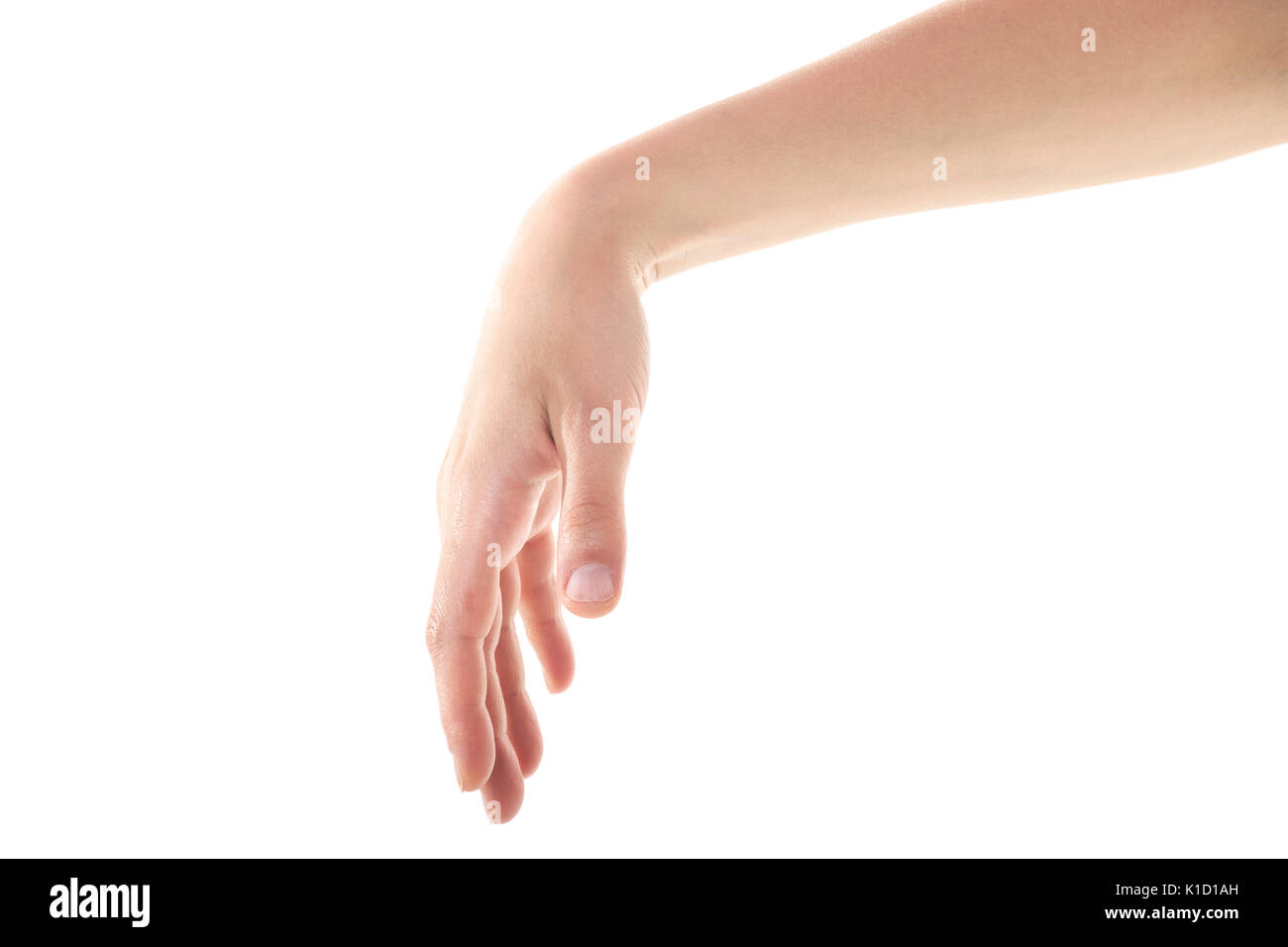 A gentle female hand is reaching with her right hand on isolated white ...