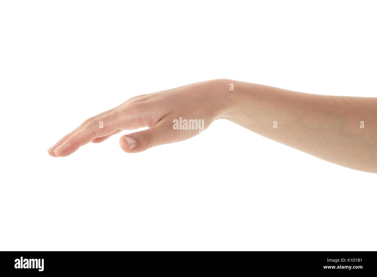 A gentle female hand is reaching with her right hand on isolated white ...