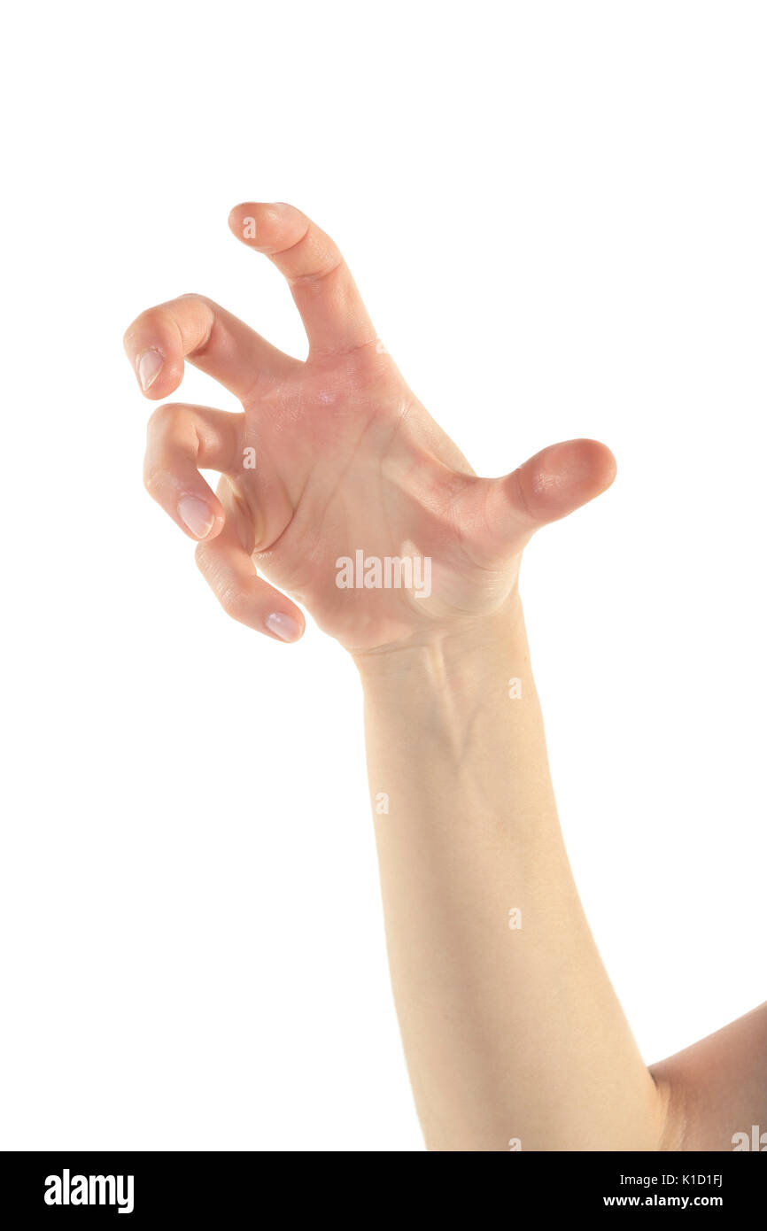 An aggressive female hand is reaching with her right hand on isolated ...