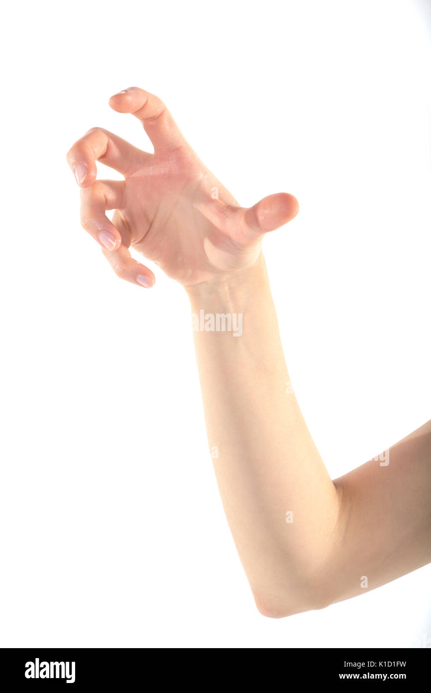 An aggressive female hand is reaching with her right hand on isolated ...