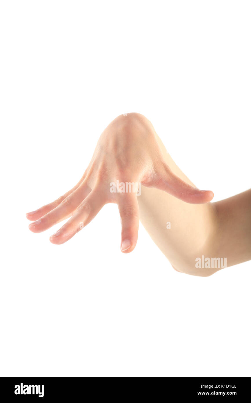 An aggressive female hand is reaching with her right hand on isolated ...