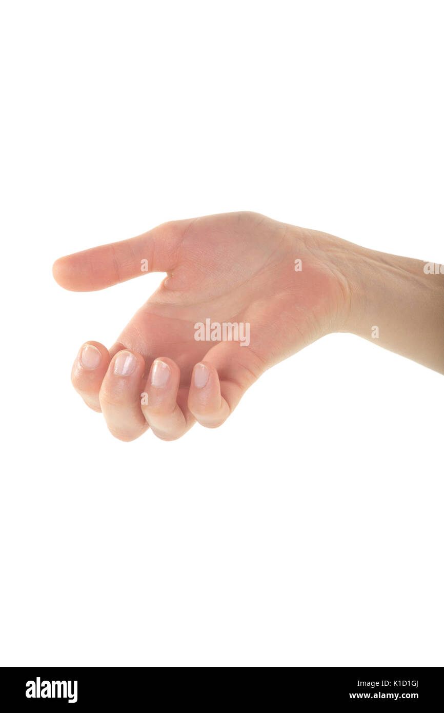 An aggressive female hand is reaching with her right hand on isolated ...