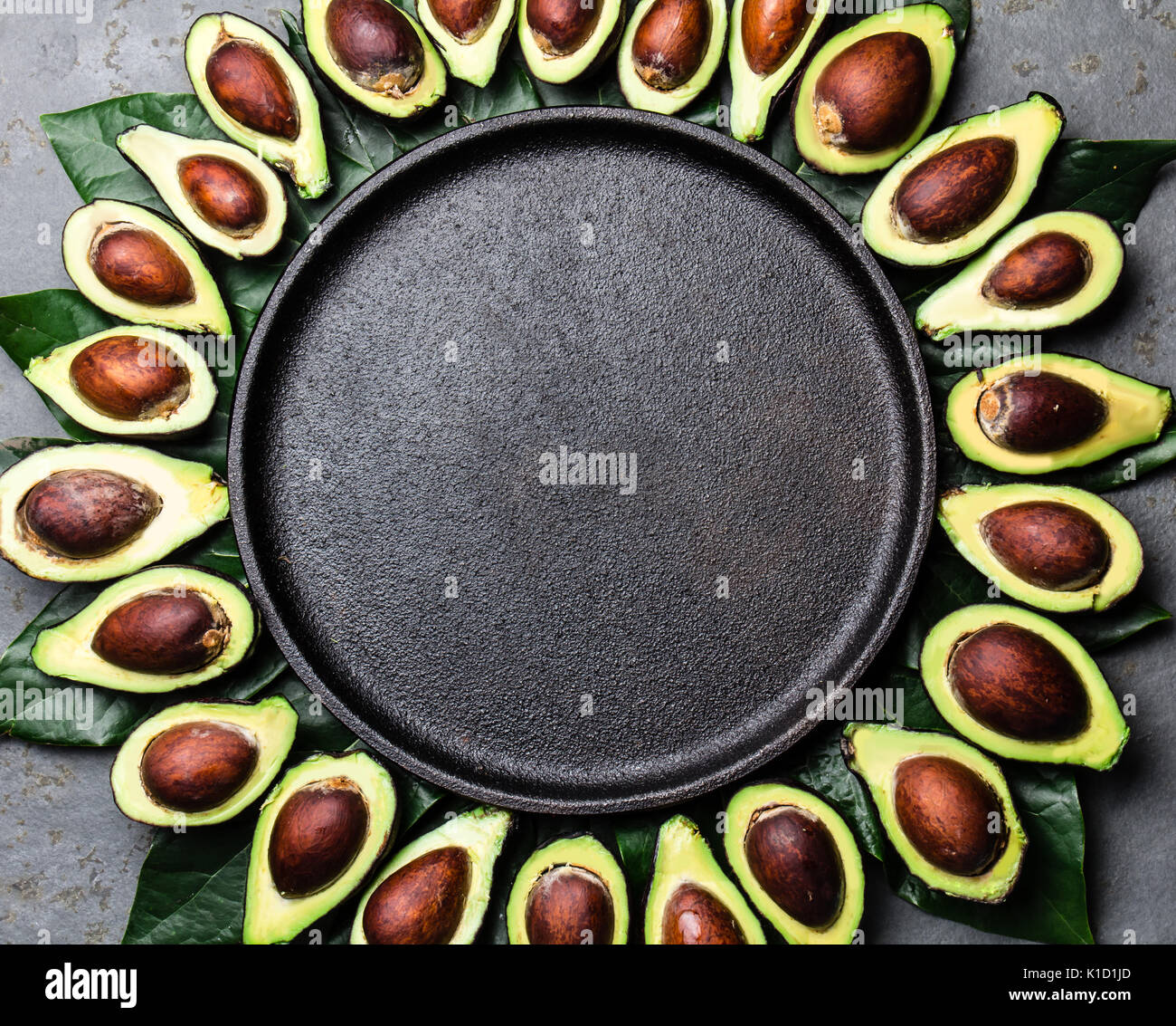 Avocado. Frame made from avocado palta and avocado tree leaves around ...