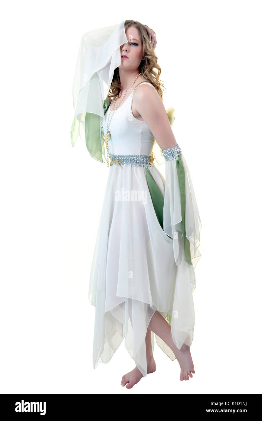 Old fashioned female model is posing in front of an isolated white ...