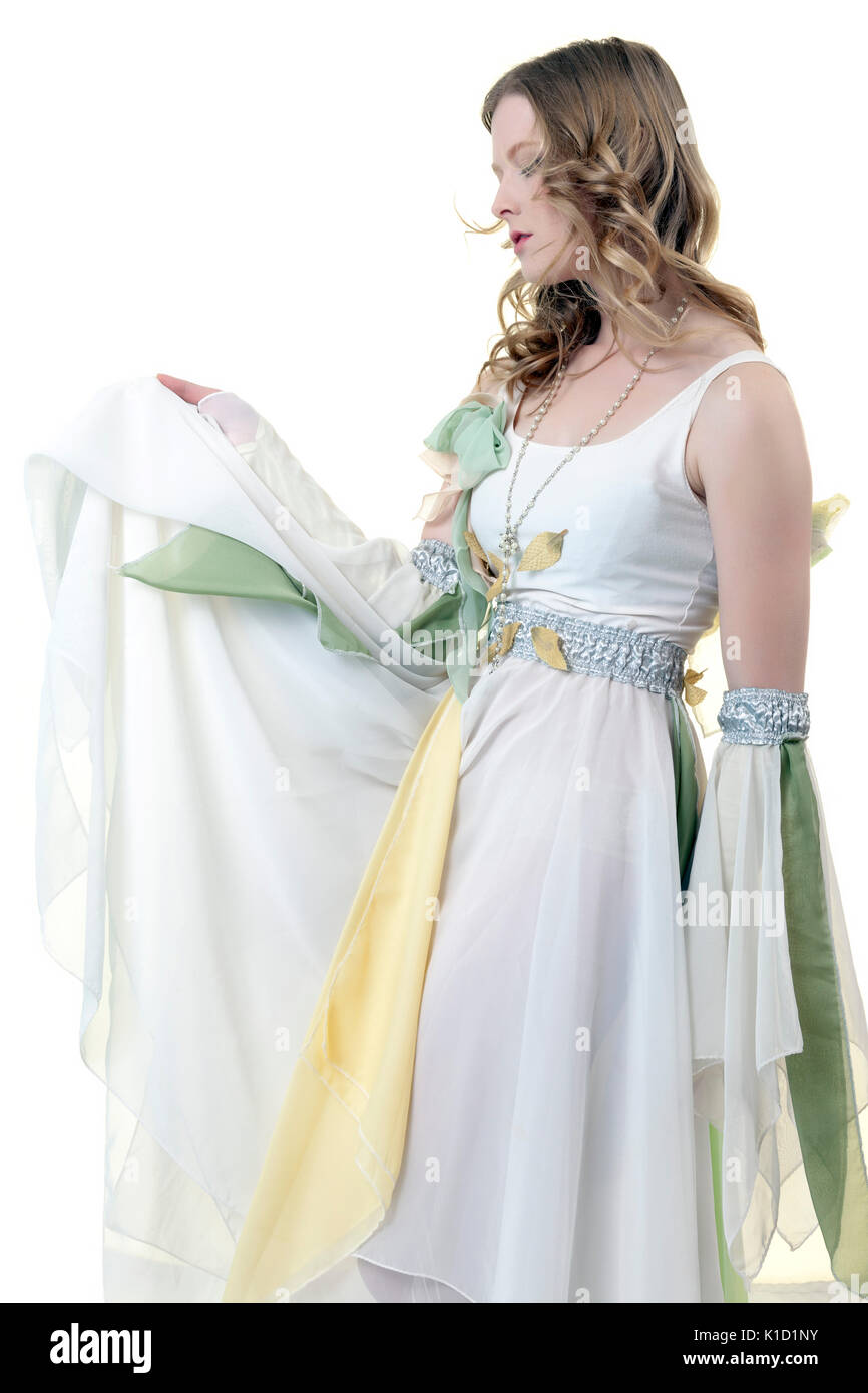 Old fashioned female model is posing in front of an isolated white ...