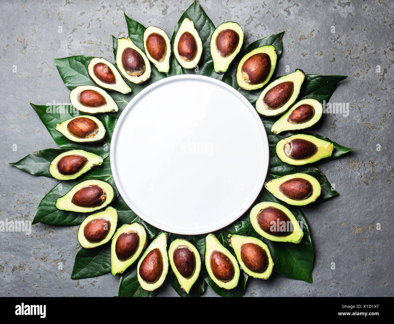 Avocado. Frame made from avocado palta and avocado tree leaves around ...