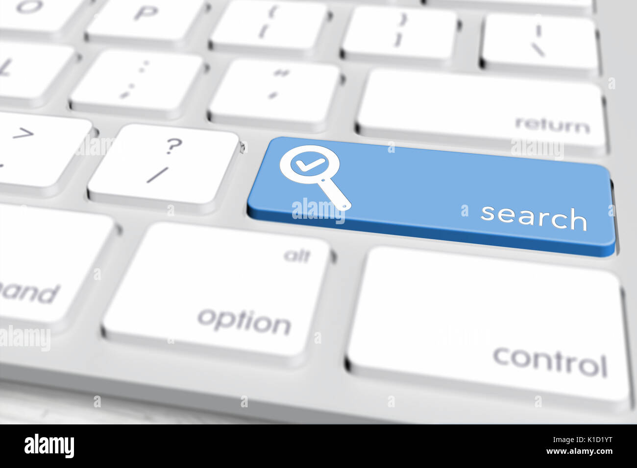 Laptop or desktop computer keyboard focus on one key with blue icon and ...