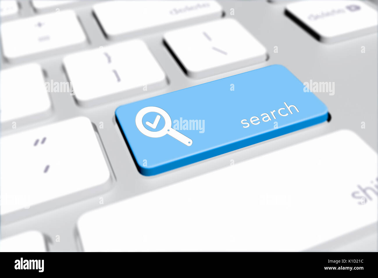 Laptop or desktop computer keyboard focus on one key with blue icon and ...