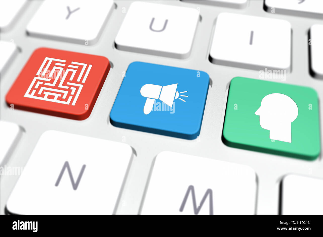 Laptop or desktop computer keyboard focus on three keys with icons in ...