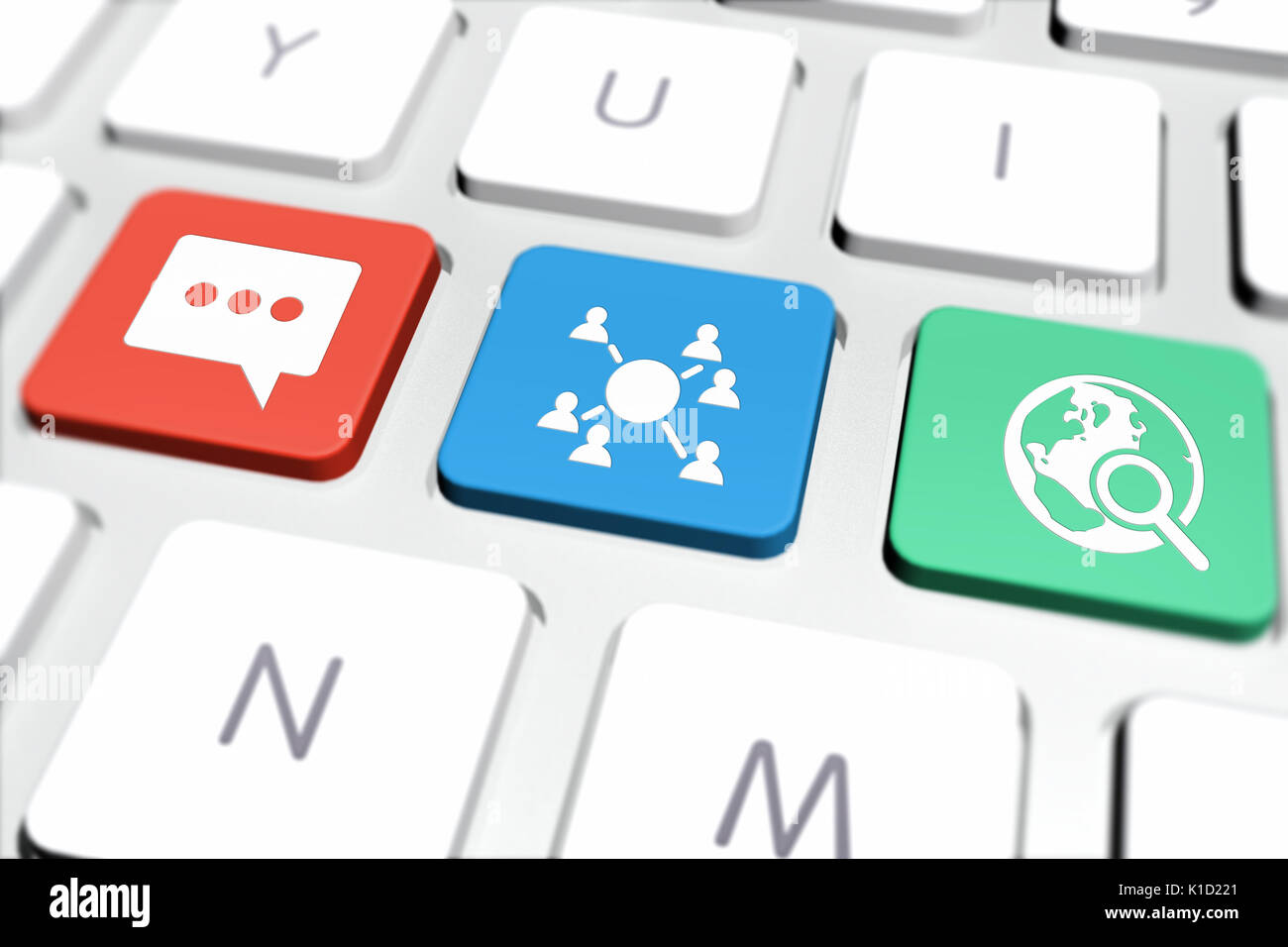 Laptop or desktop computer keyboard focus on three keys with icons in ...