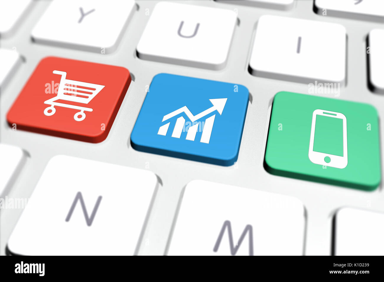 Laptop or desktop computer keyboard focus on three keys with icons in ...