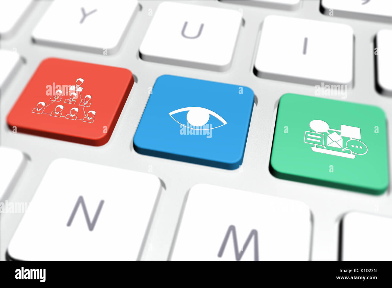 Laptop or desktop computer keyboard focus on three keys with icons in ...