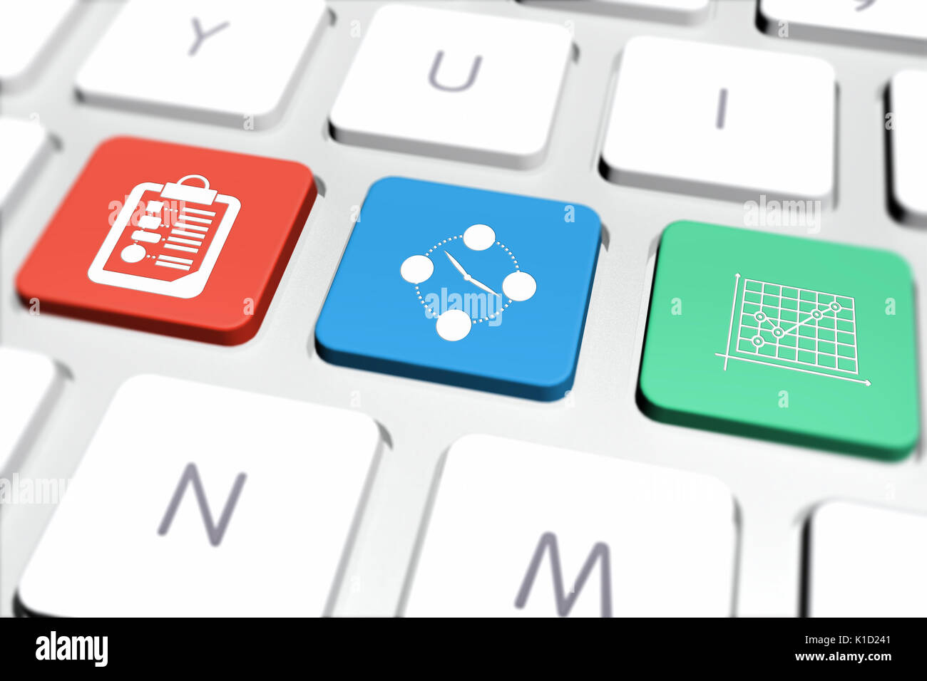 Laptop or desktop computer keyboard focus on three keys with icons in ...