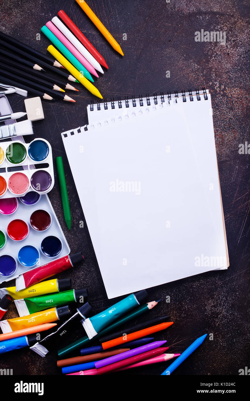 school supplies on a table, stock photo Stock Photo - Alamy