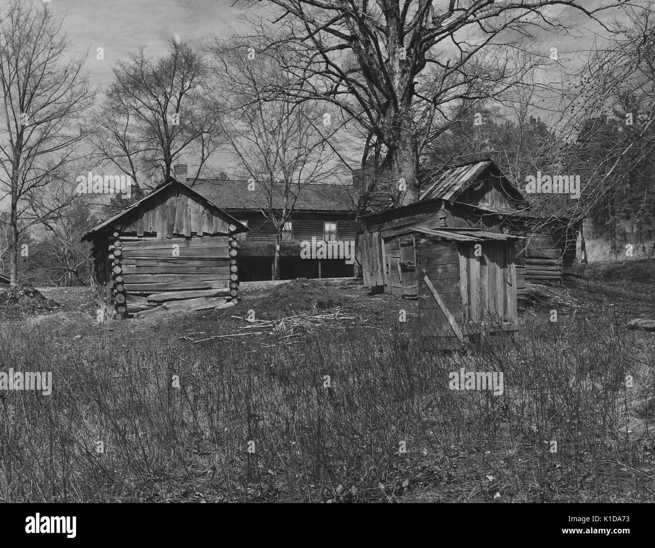Old farmhouse structure, made out of logs, surrounded by grass and ...