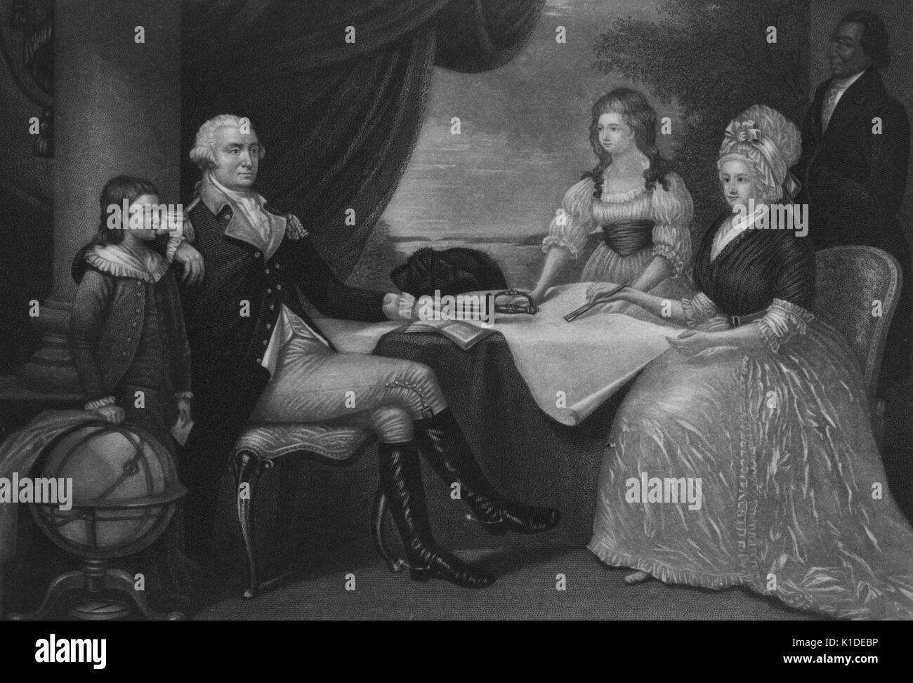 An etching from a family portrait of George Washington with Martha ...