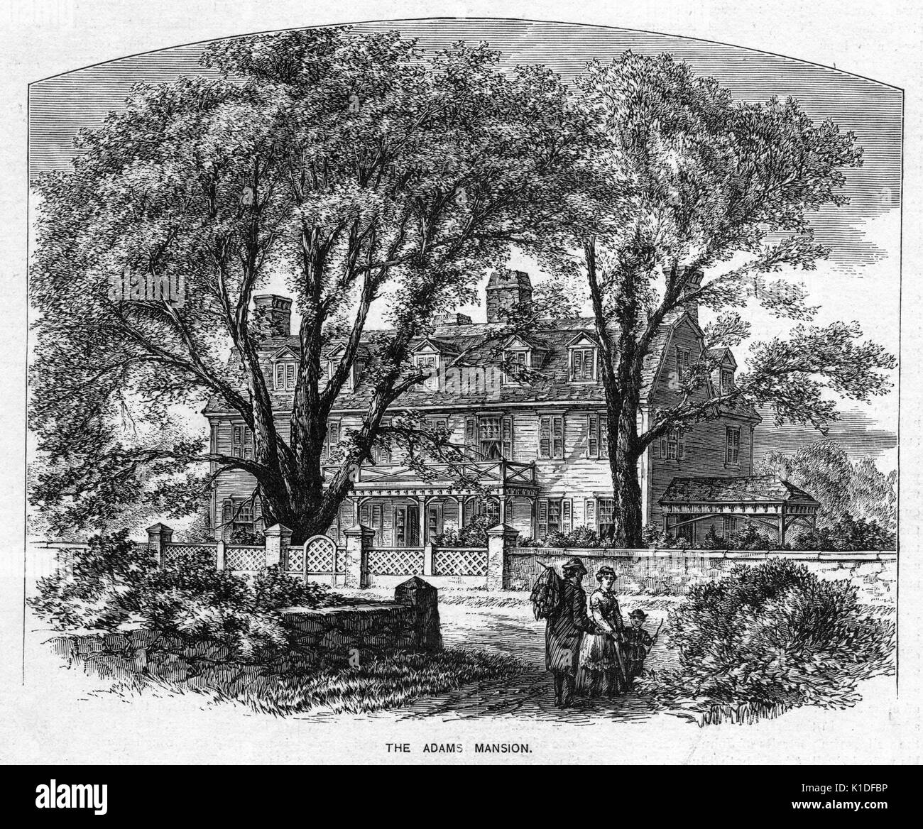 An engraving from a painting of the exterior of the Adams mansion ...