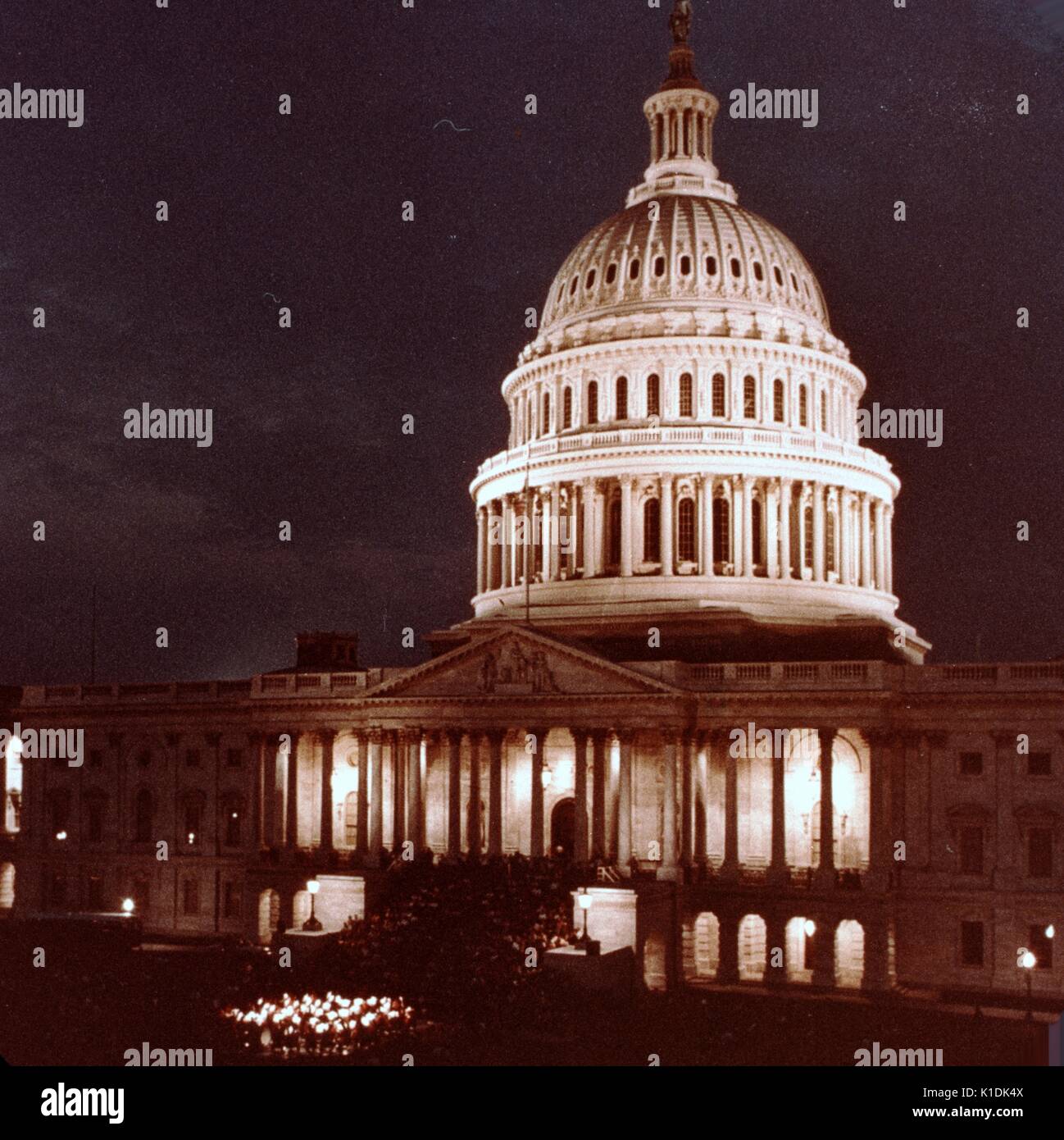 A close up front view at an angle of the United States Capitol with ...