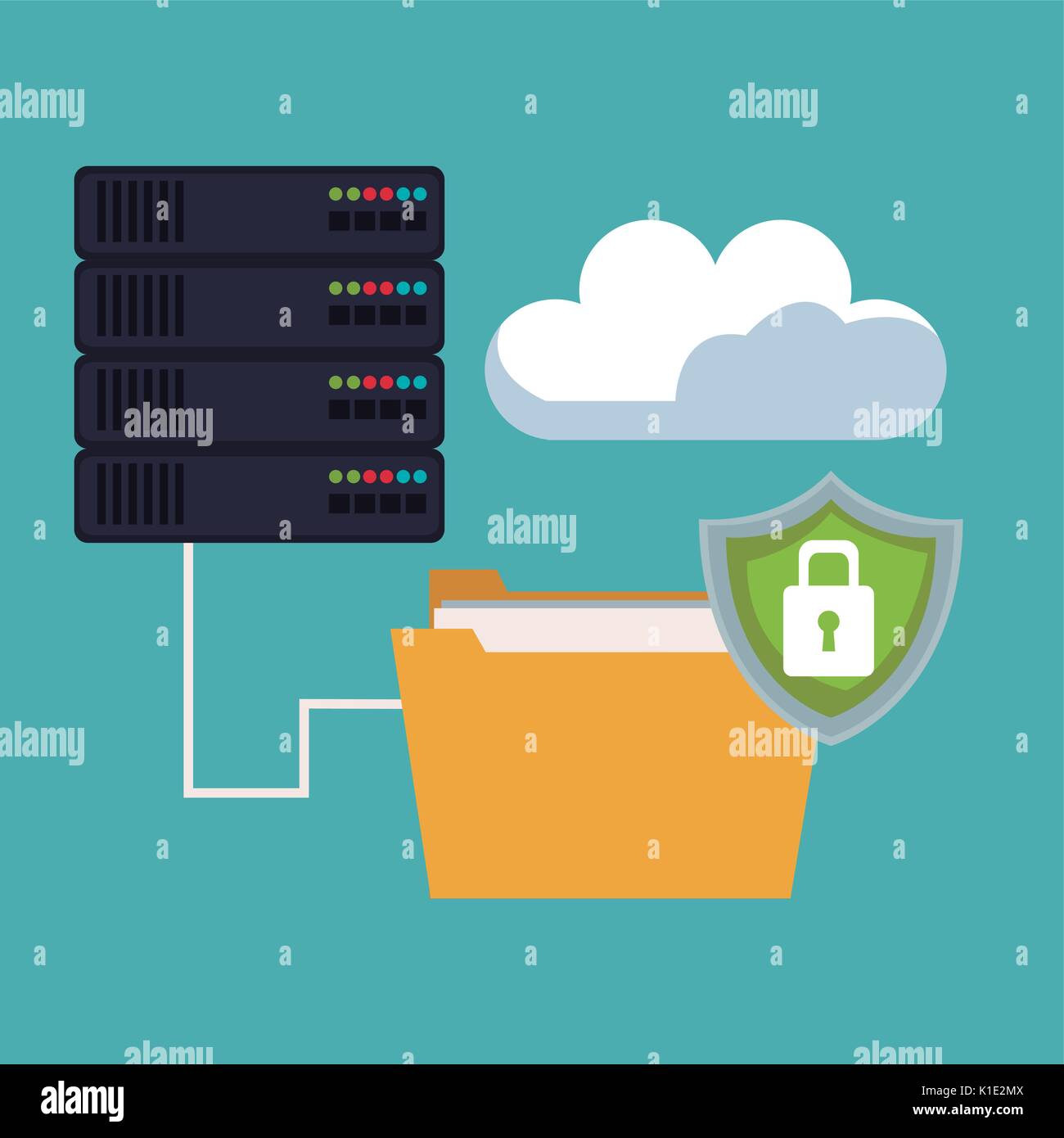 color background of server box connected to folder and shield padlock ...