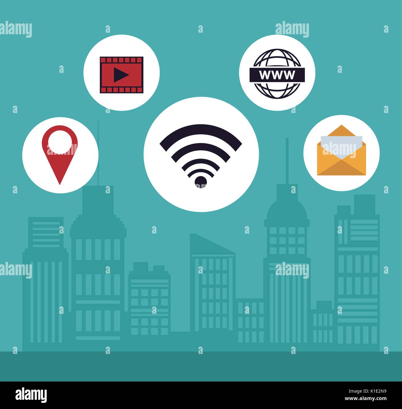 color background of silhouette city landscape with icons connectivity ...