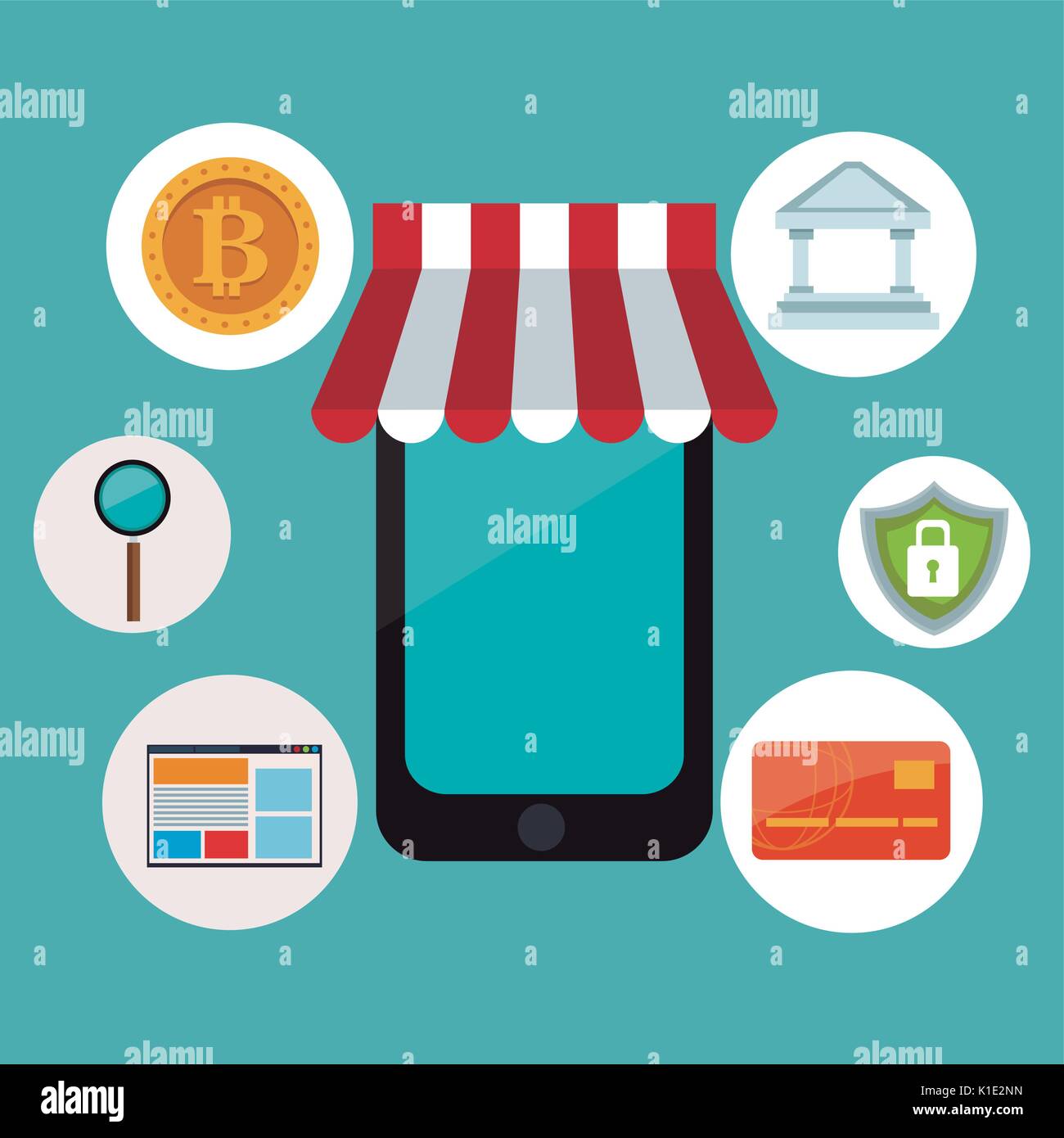 color background of devices smartphone with awning and elements shop ...