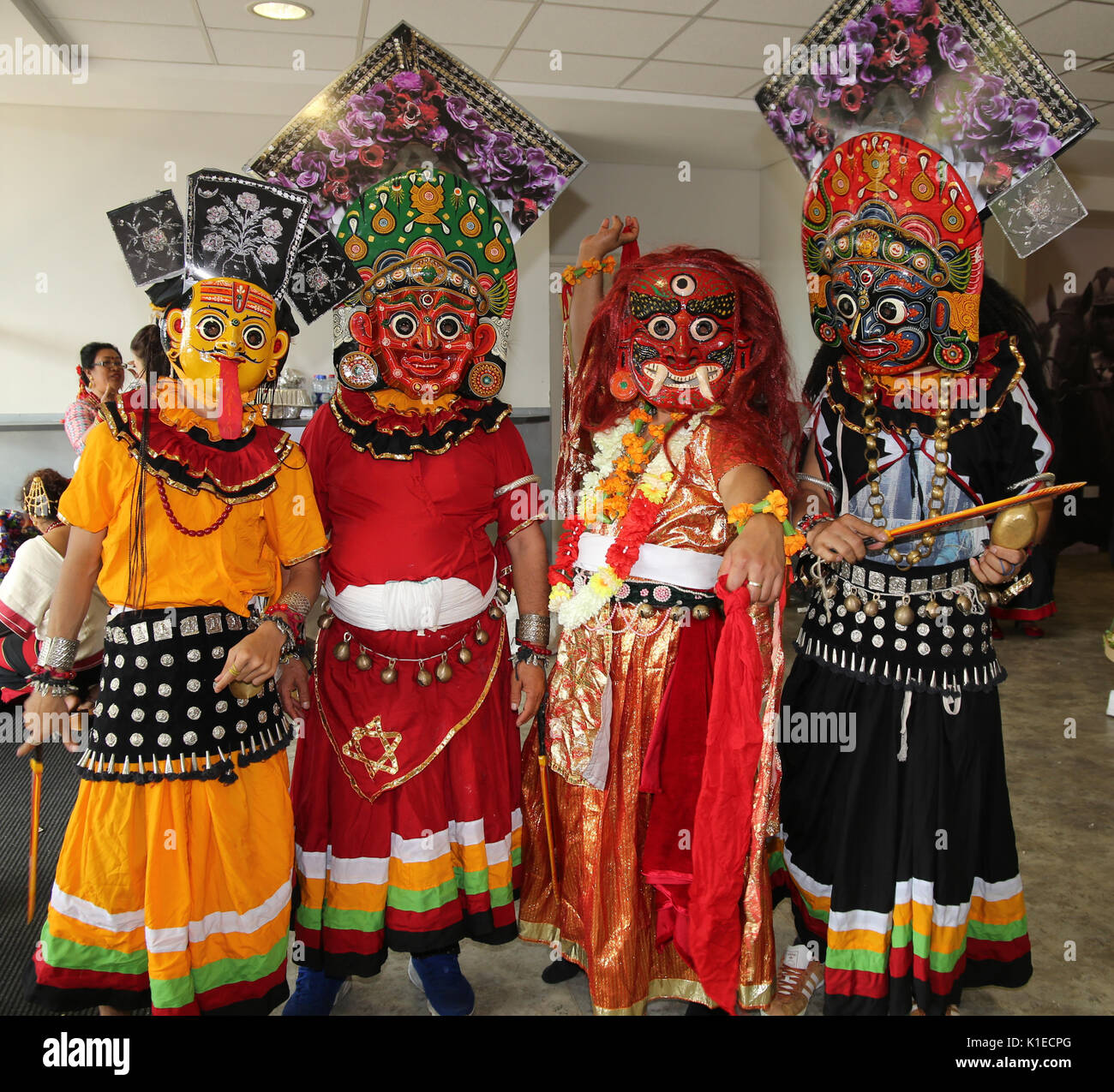 London, UK. 27th Aug, 2017. The mask of some of the many Gods in the ...