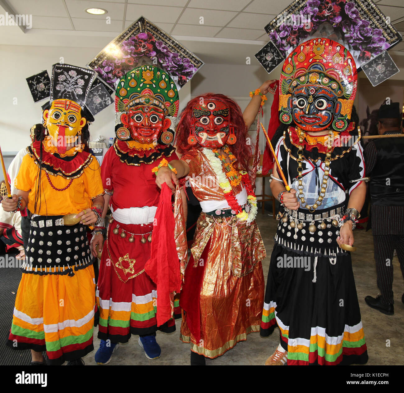 London, UK. 27th Aug, 2017. The mask of some of the many Gods in the ...