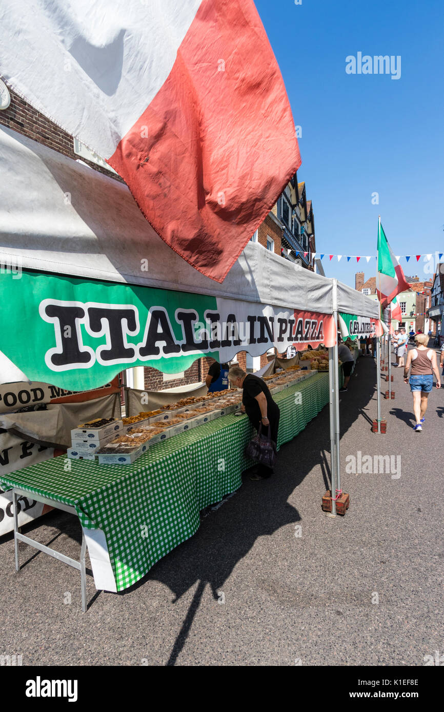 England, Sandwich. Italian piazze market stall set up in the main ...
